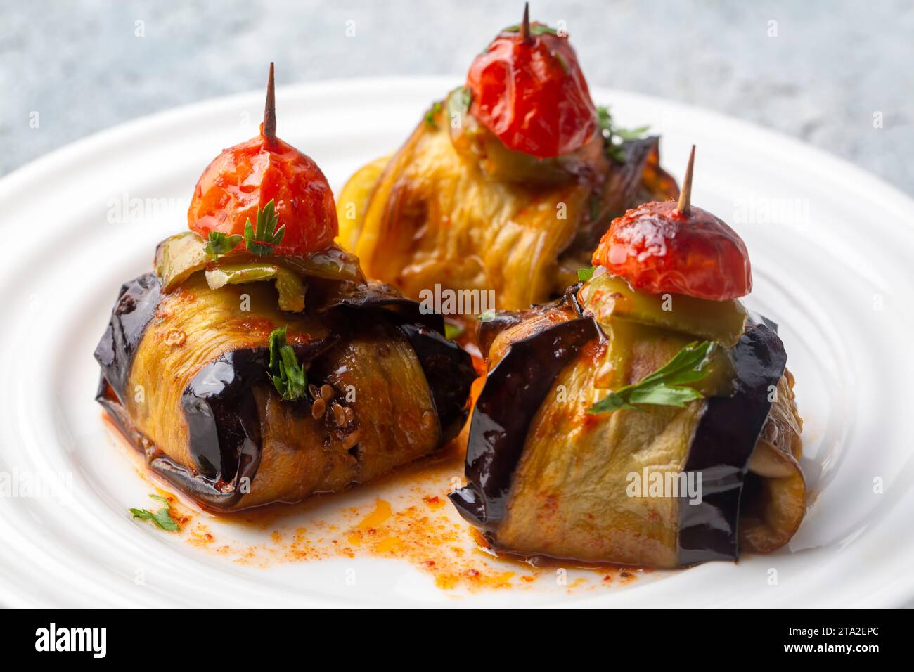 Traditional delicious Turkish food; Kofte kebab wrapped in eggplant ...
