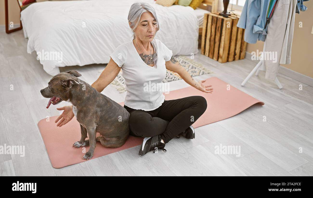 Sporty grey-haired middle-aged woman with pet dog, training yoga in ...
