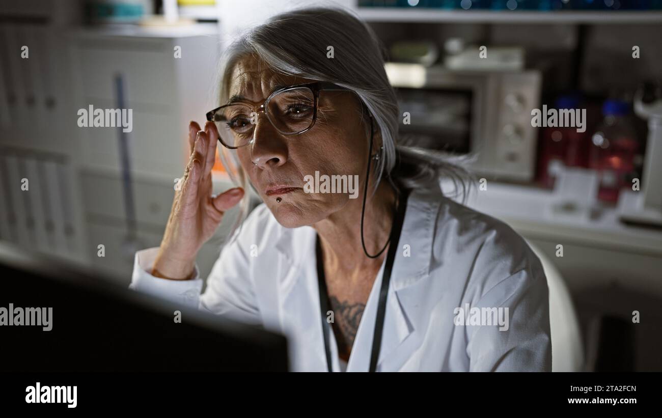 In the heart of night, a middle-aged, grey-haired woman scientist ...