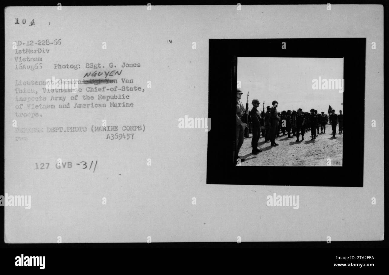 Lieutenant General Nguyen Van Thieu inspects ARVN and American Marine ...