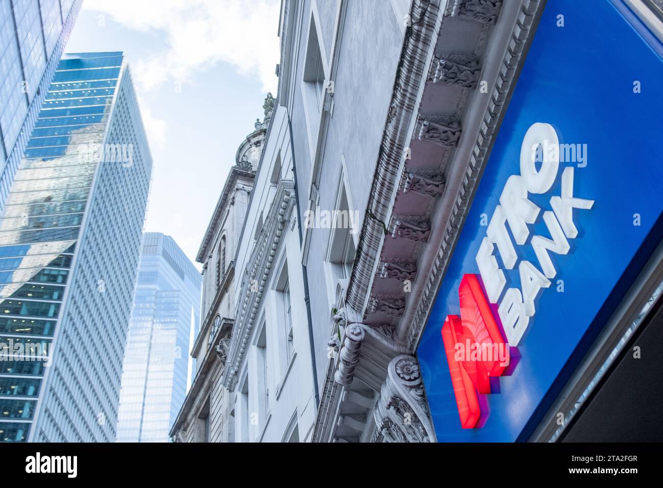 LONDON, NOVEMBER 13, 2023: Metro Bank branch in the City of London- a ...
