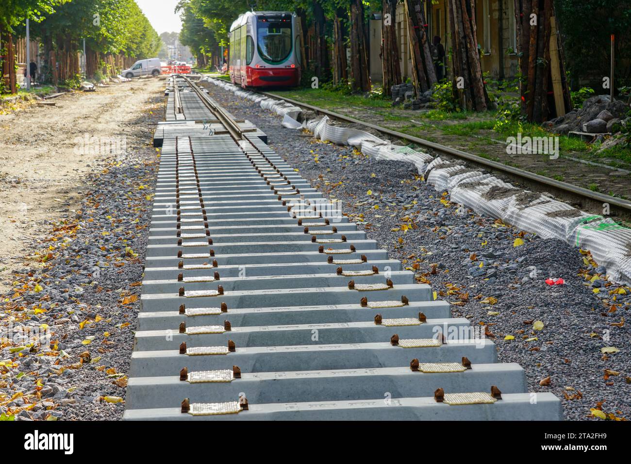 Laying new tram rails on new concrete sleepers with pads that reduces ...