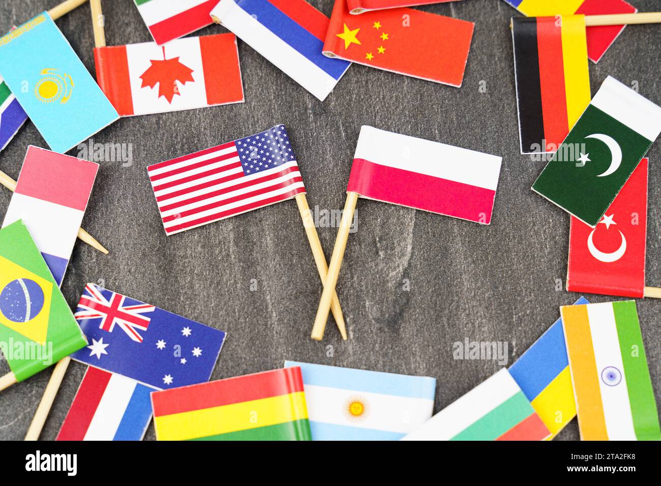 Policy. National flags of different countries. The concept is diplomacy ...