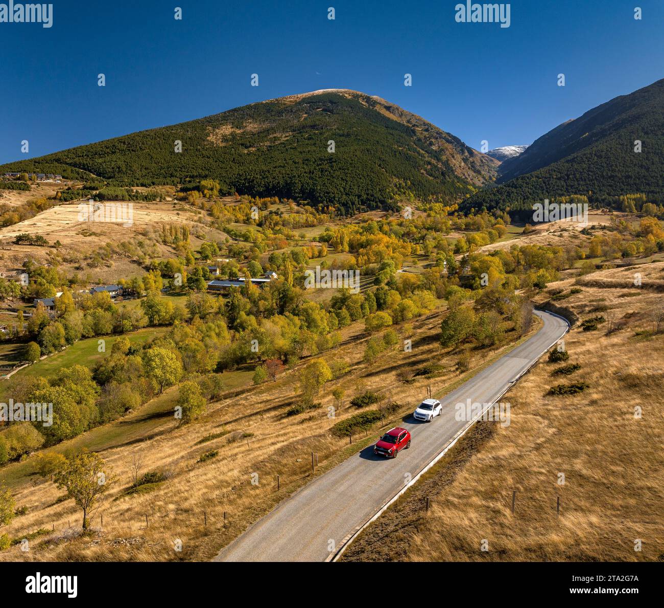 Aerial view of the Eyne Valley in autumn (Haute Cerdagne, Pyrénées ...