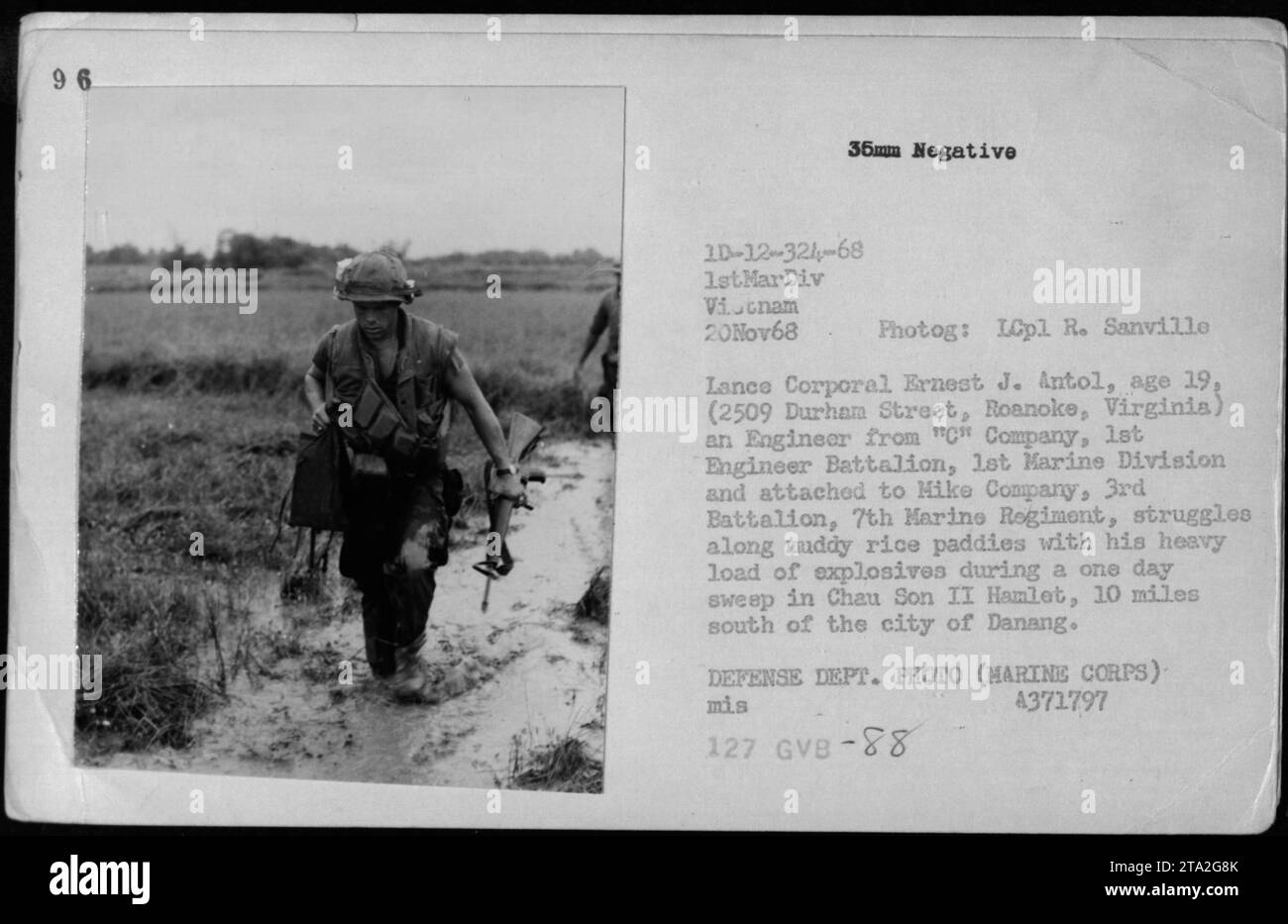 Lance Corporal Ernest J. Antol, a 19-year-old engineer from "C" Company, 1st Engineer Battalion ...