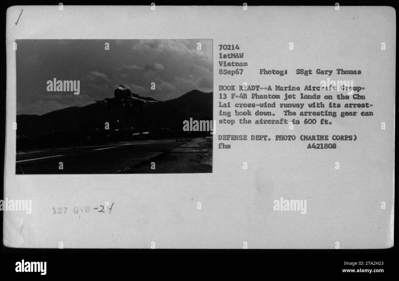 A Marine Aircraft Group-13 F-4B Phantom lands on Chu Lai cross-wind ...