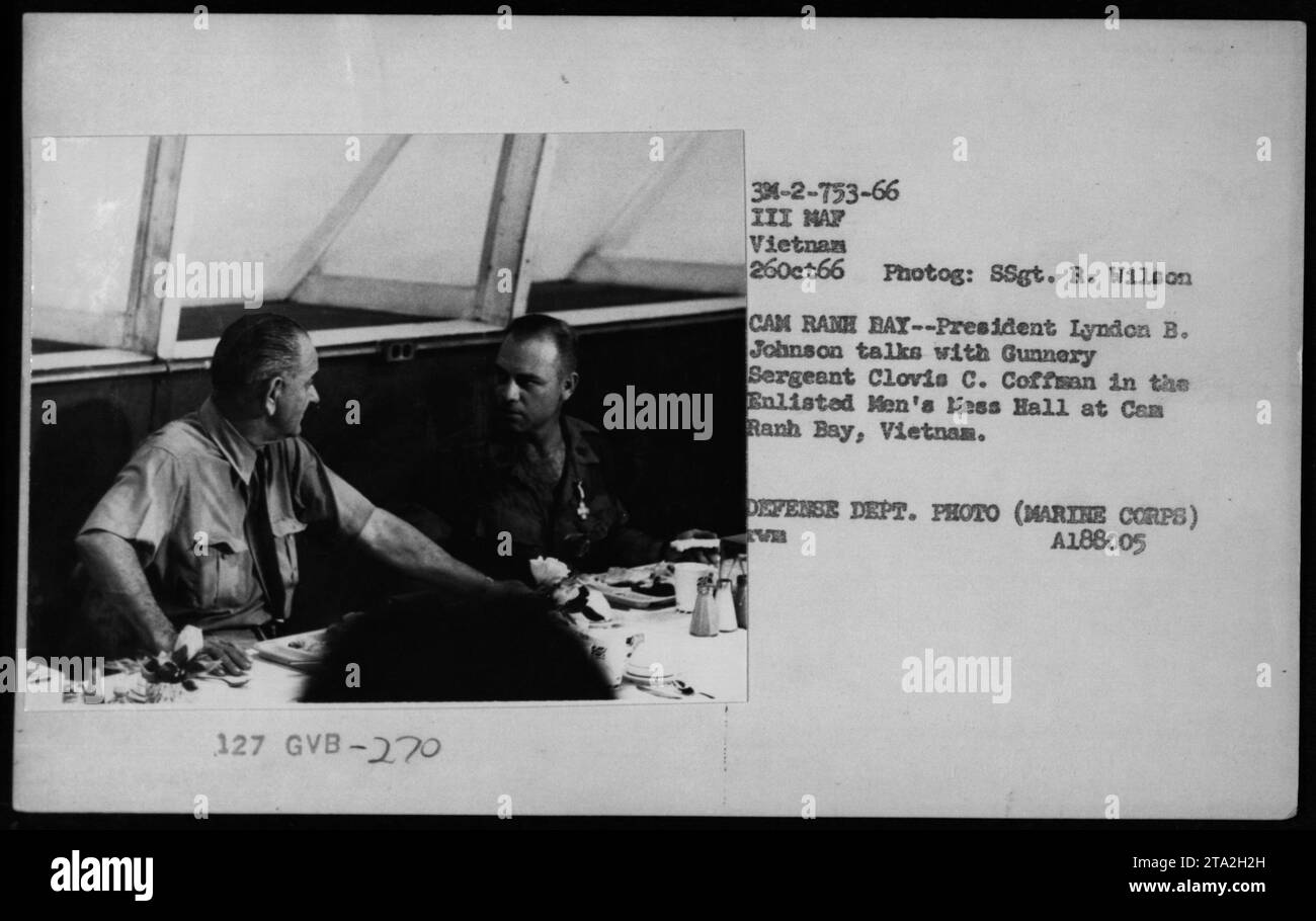 President Lyndon B. Johnson converses with Gunnery Sergeant Clovis C ...