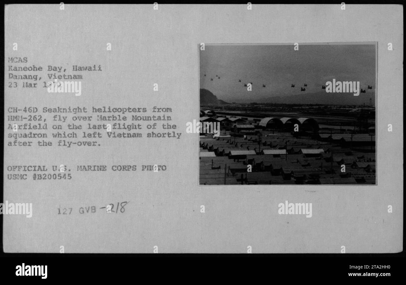 CH-46D Seaknight helicopters from HMM-262 fly over Marble Mountain ...