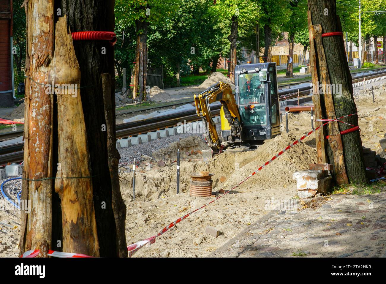 Street and tram track rebuilding view, protection of tree trunks from ...