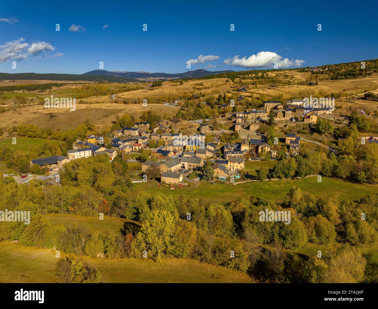 Aerial view of the village of Eyne on an autumn afternoon (Haute ...