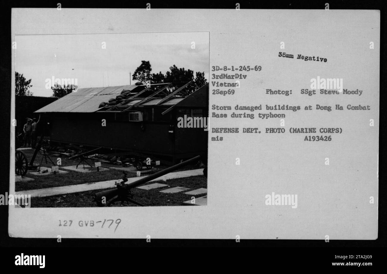 Storm-damaged buildings at Dong Ha Combat Base in Vietnam, September 2 ...