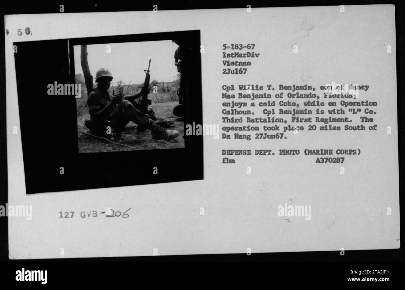 Marine Corps Corporal Willie T. Benjamin, stationed in Vietnam, is seen ...