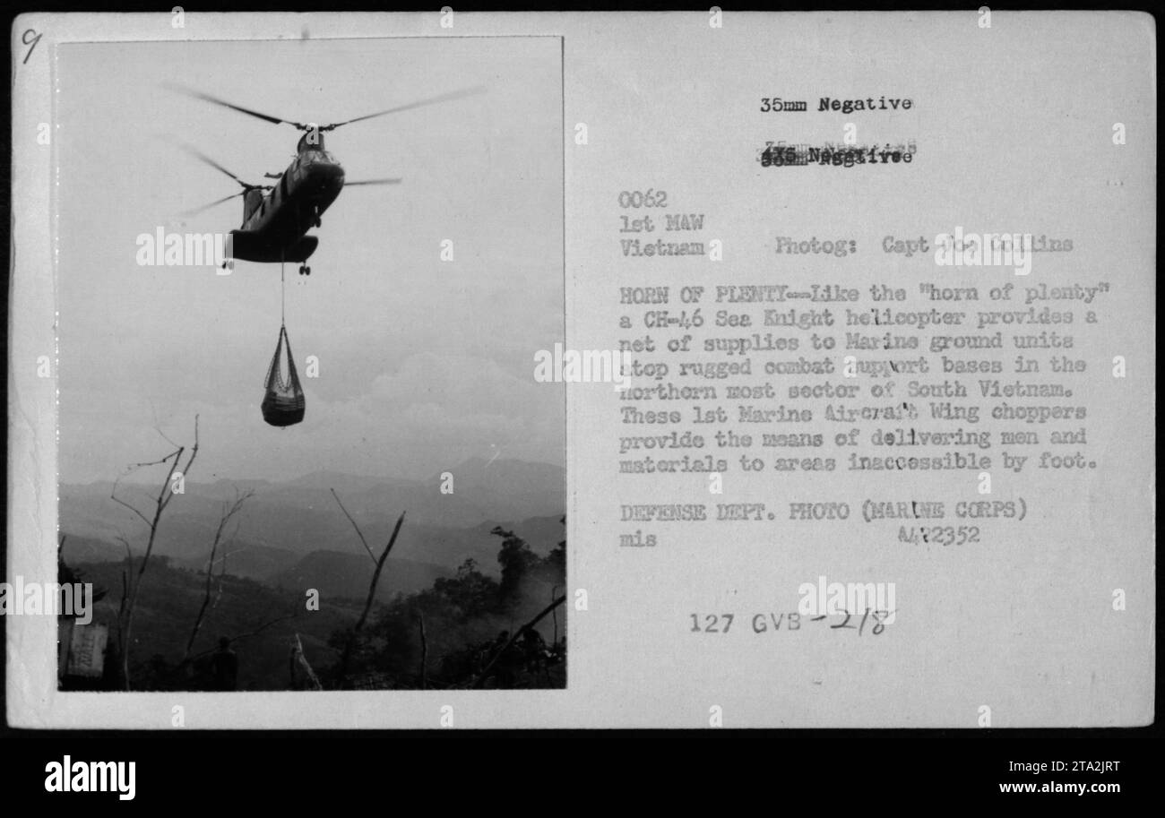 A CH-46 Sea Knight helicopter delivers supplies to Marine ground units ...