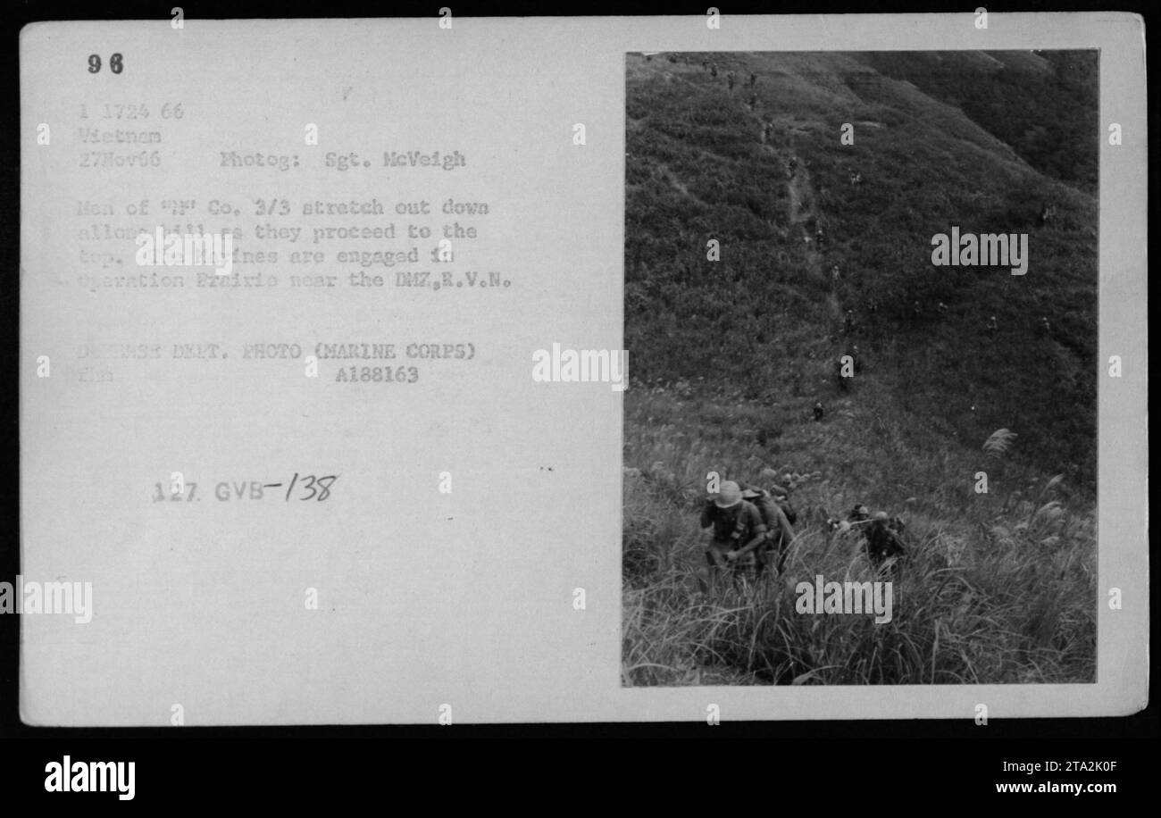 Marines of Company 3/3 advancing up a hill during Operation Prairie ...