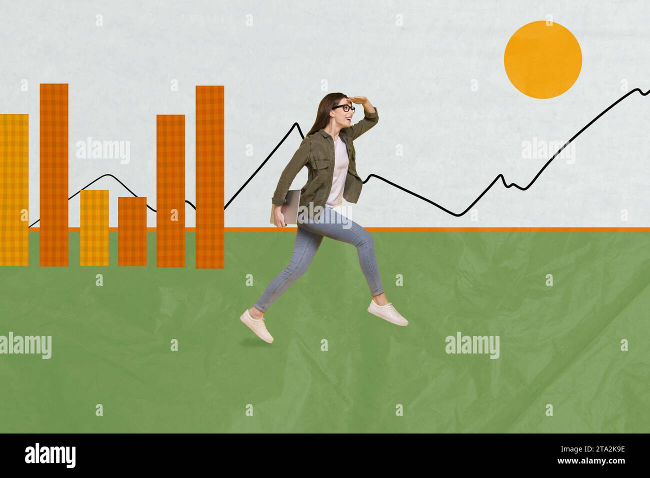 Photo collage artwork picture of excited lady running achieving success ...