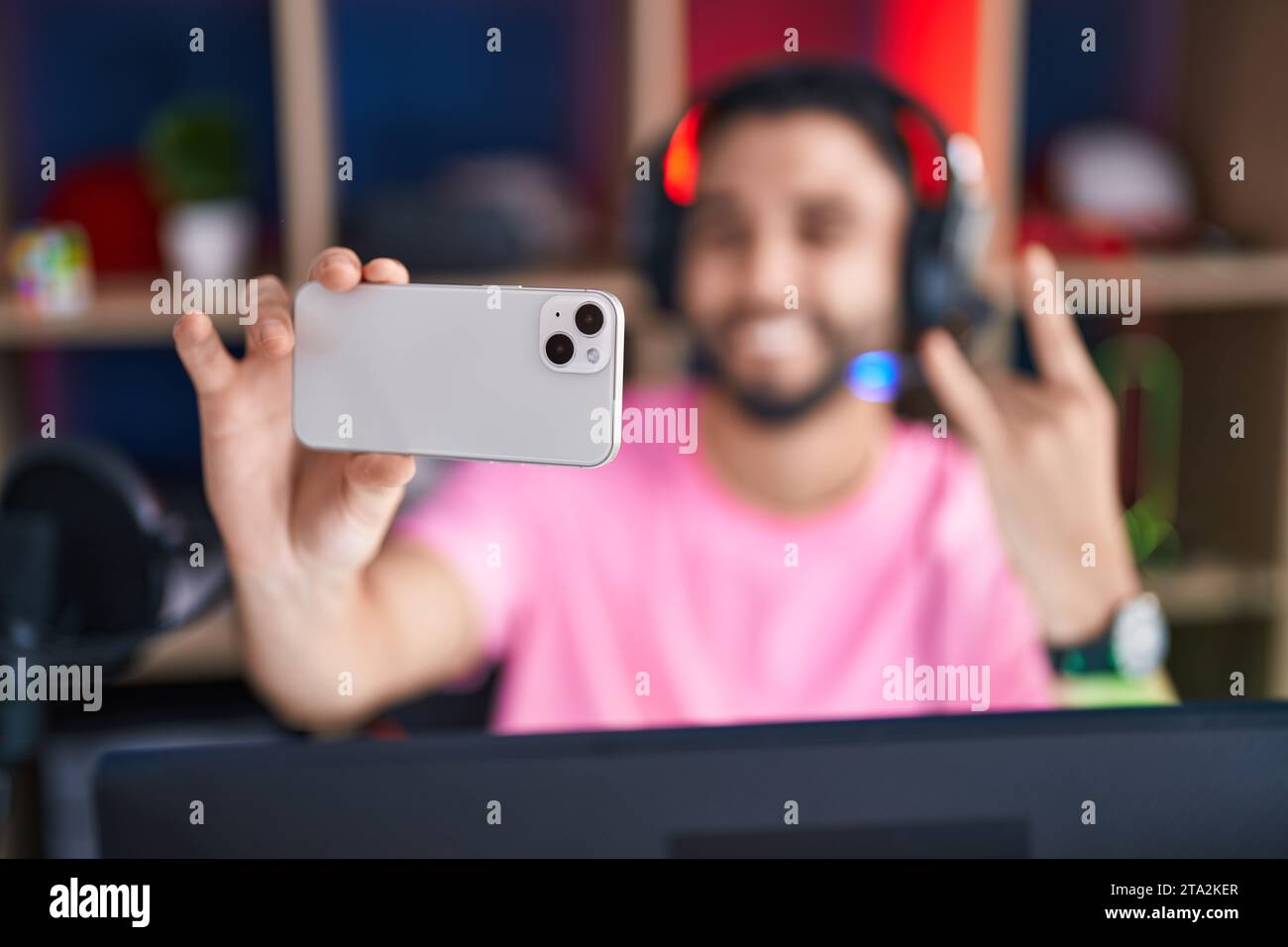 Young arab man streamer smiling confident make selfie by smartphone at ...
