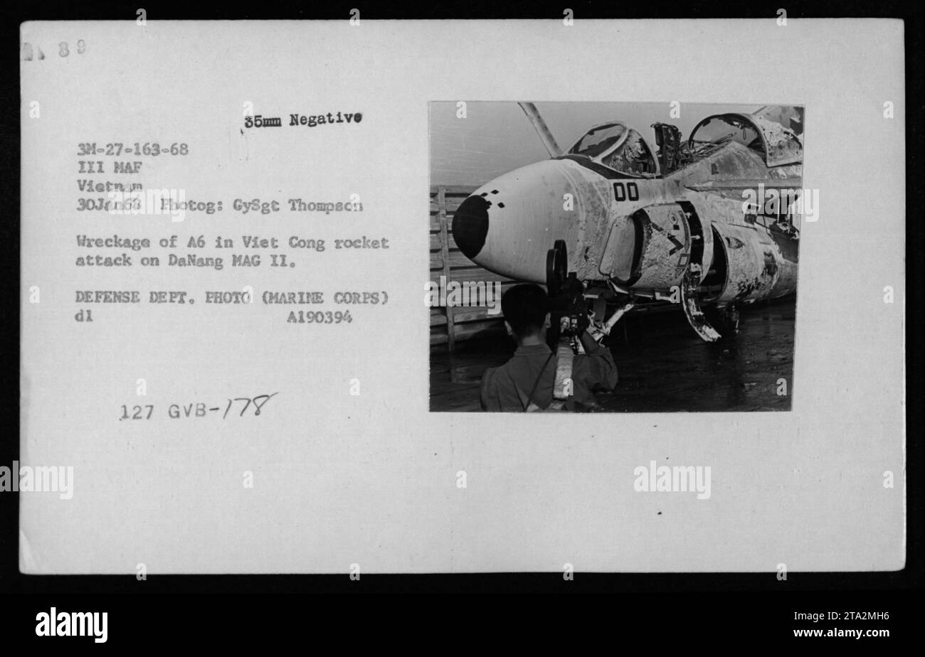 Wreckage of an A6 aircraft following a Viet Cong rocket attack on ...