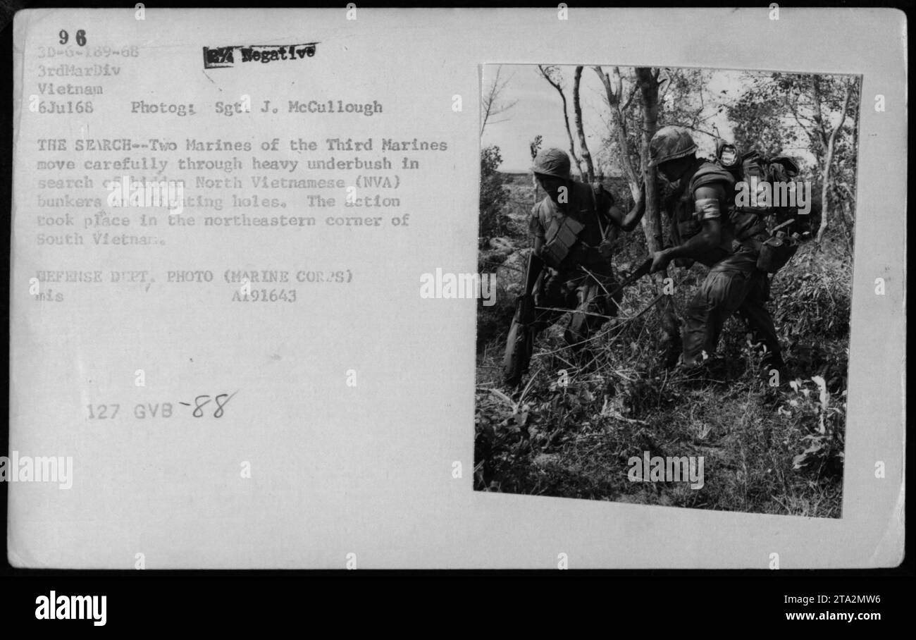 Two Marines from the Third Marines navigate dense underbrush as they ...