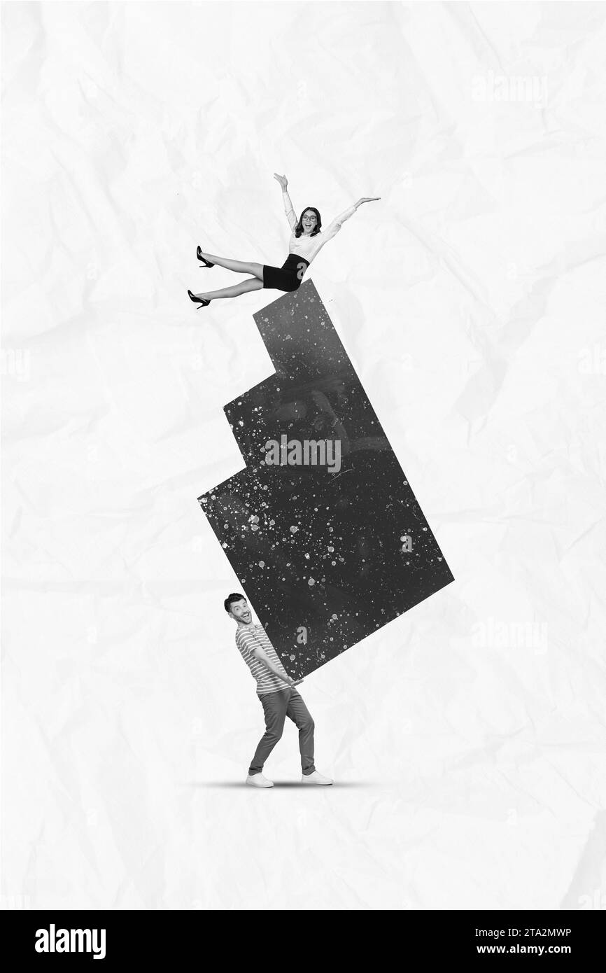 Vertical collage picture of mini cheerful black white colors guy arms ... Vertical collage picture of mini cheerful black white colors guy arms ...