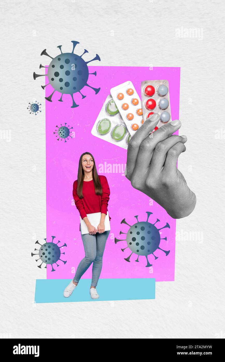 Creative drawing collage picture of young female look hand hold ...