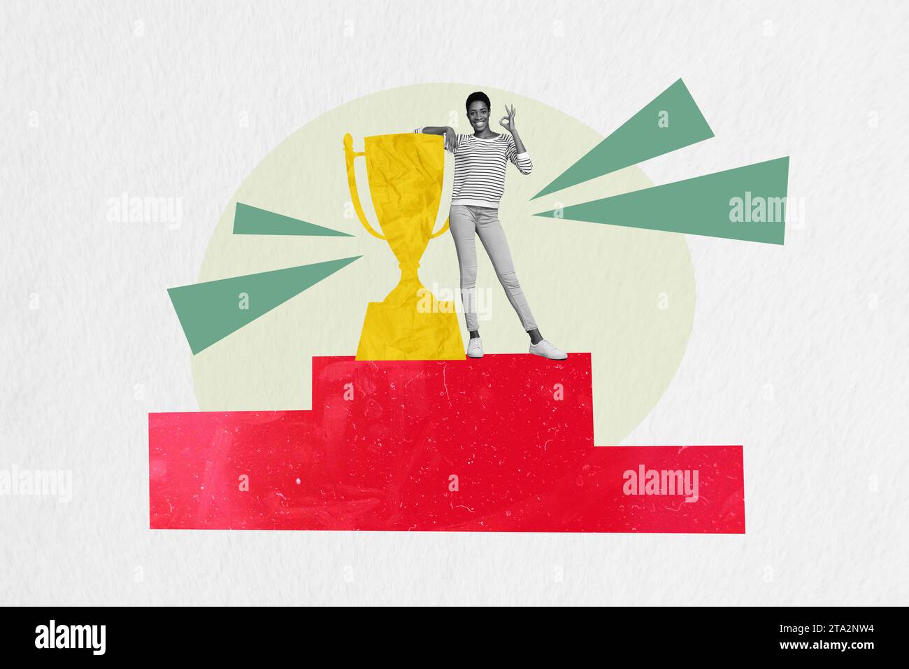 Composite collage picture image of funny young female stand pedestal ...