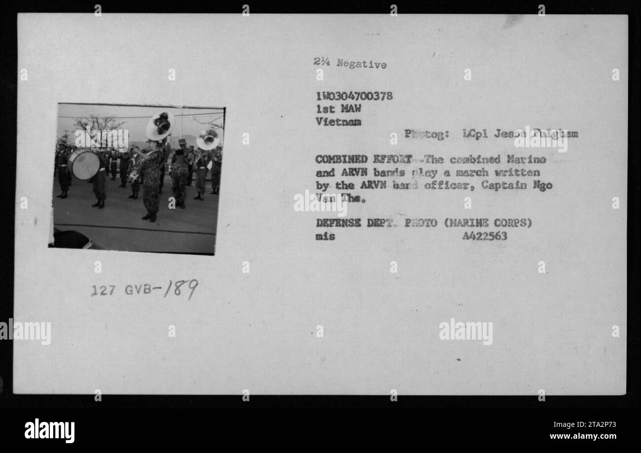 Marine and ARVN bands perform a joint march during the Vietnam War. The ...