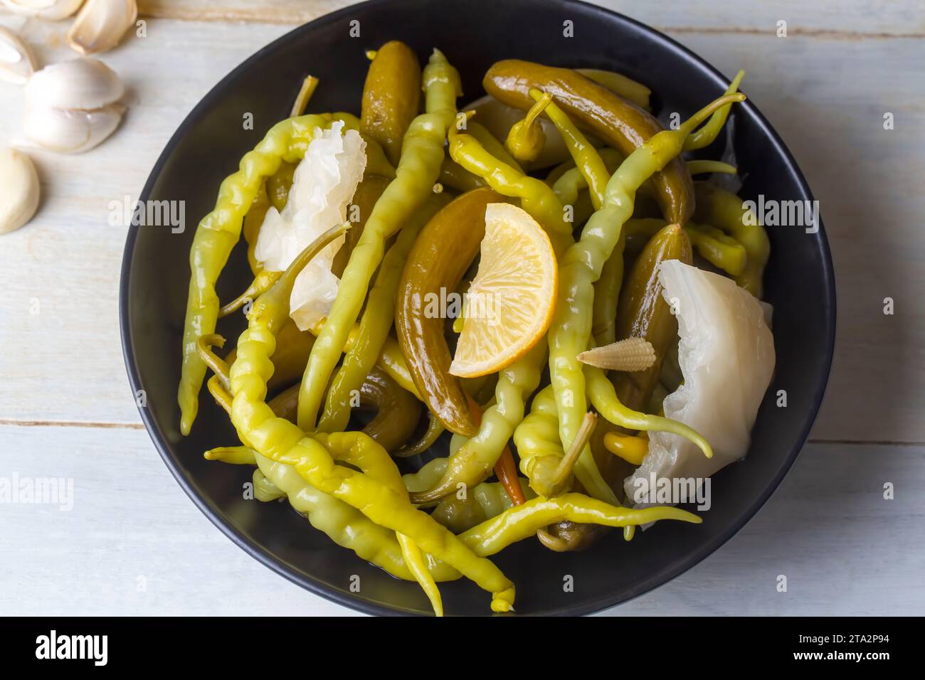 Assorted pickled vegetables in bowl - plate, Turkish name; tursu Stock ...