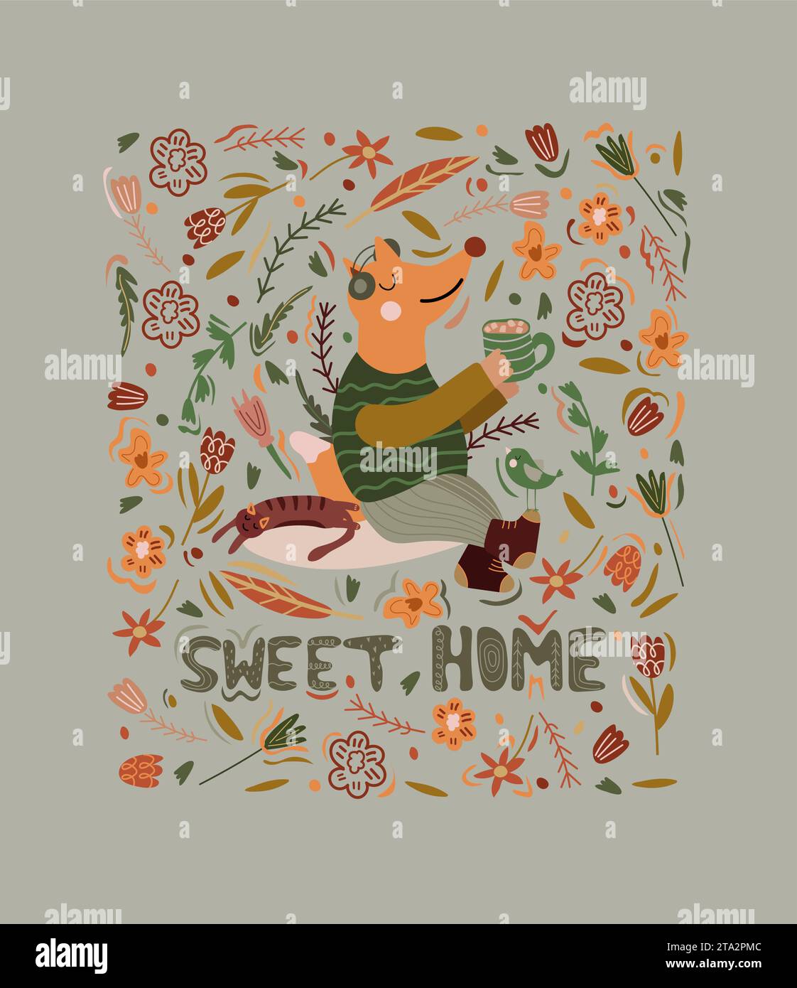 Cute illustration with red fox drinking hot tea and listening to music ...