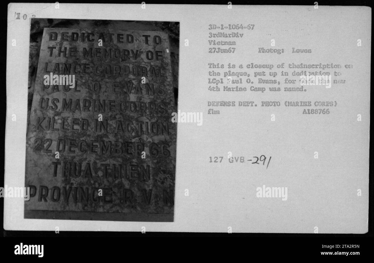 Plaque dedicated to Lance Corporal Paul O. Evans of the US Marine Corps ...