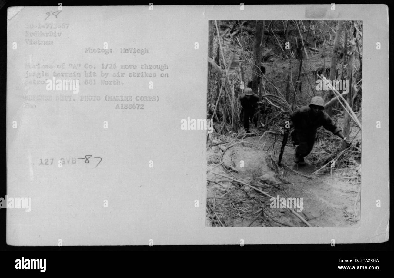 Members of "A" Co. 1/26 Marine Division navigate through dense jungle terrain during combat ...