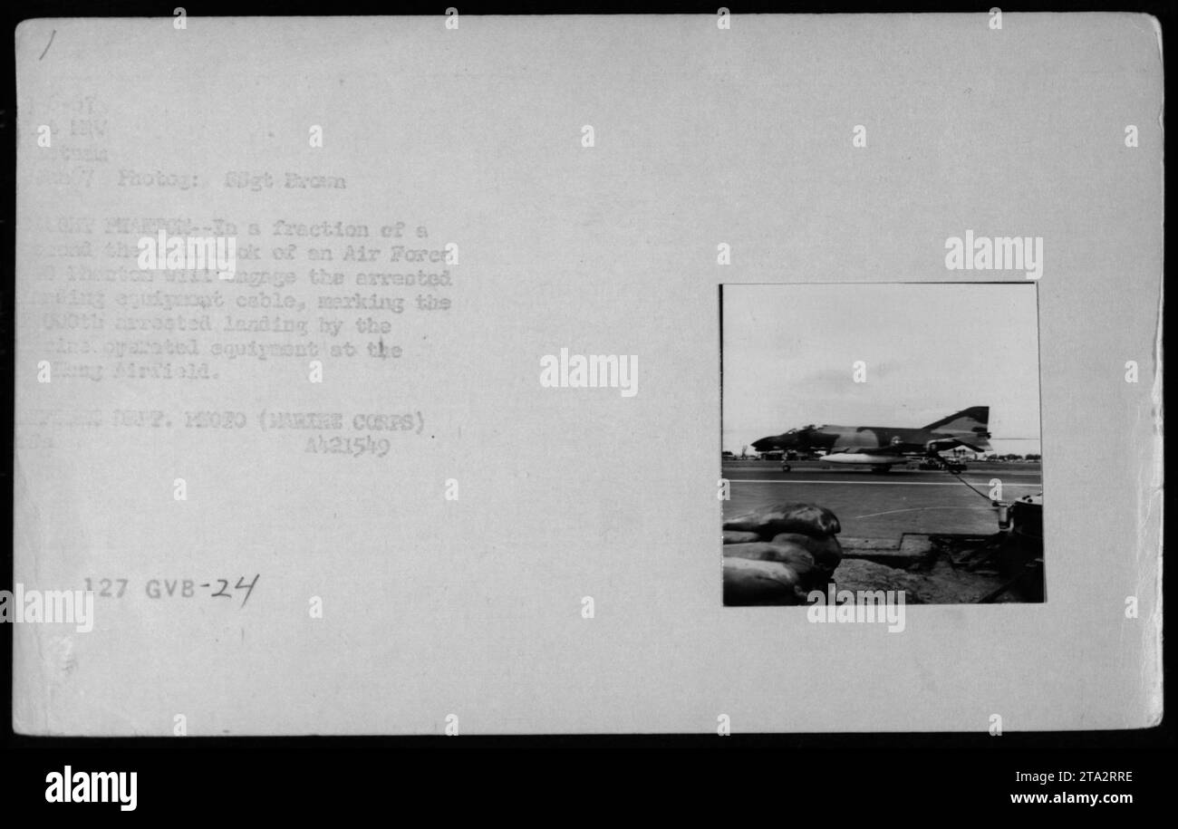 A U.S. Air Force F-4 Phantom engages the arrested landing equipment at ...