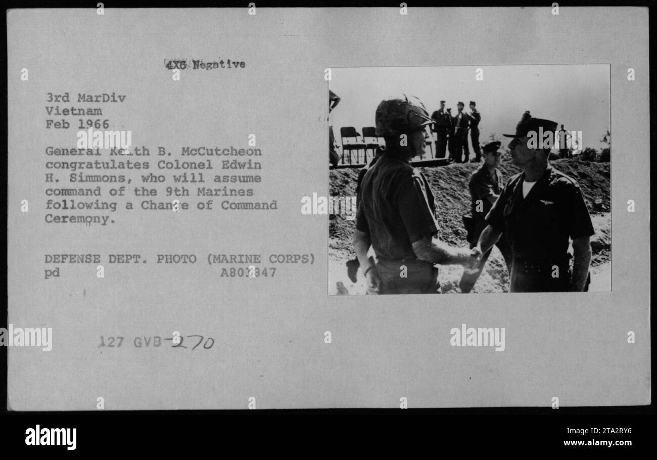 General Keith B. McCutcheon congratulates Colonel Edwin H. Simmons ...