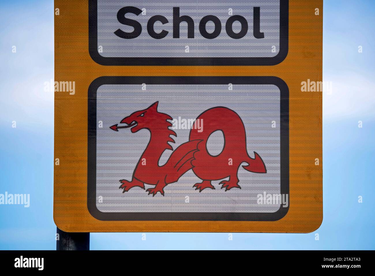 20mph speed limit sign in the shape of a Welsh dragon near a school in ...