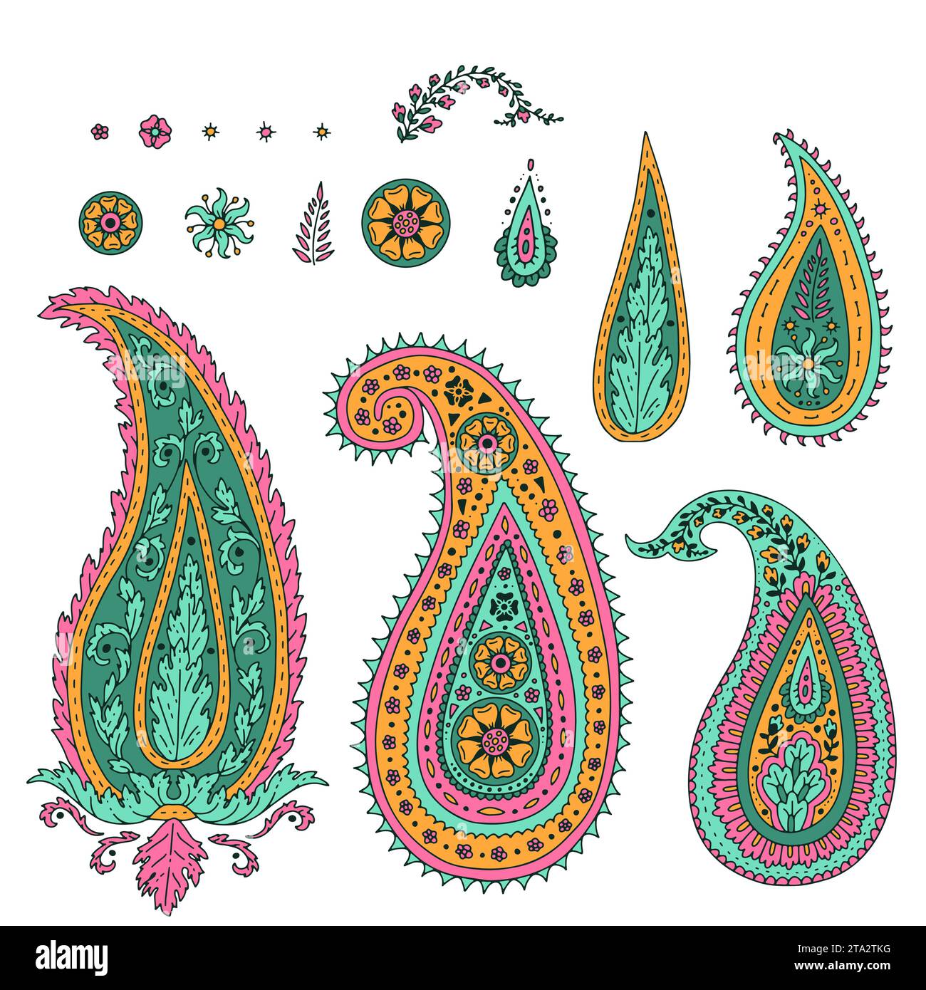 Set of colorful paisley motifs isolated on white background Stock ...