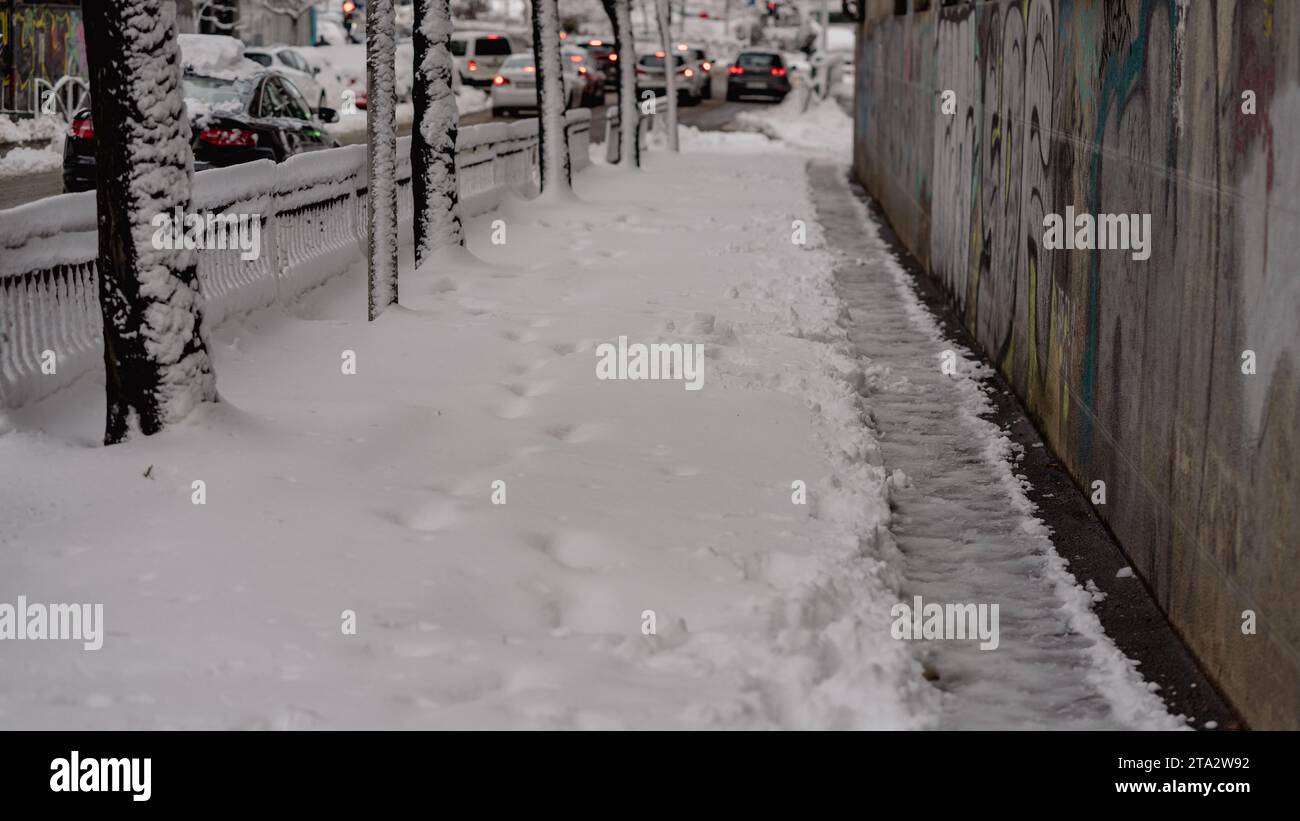 First day of winter, heavy snow in Bucharest city, Romania Stock Photo ...