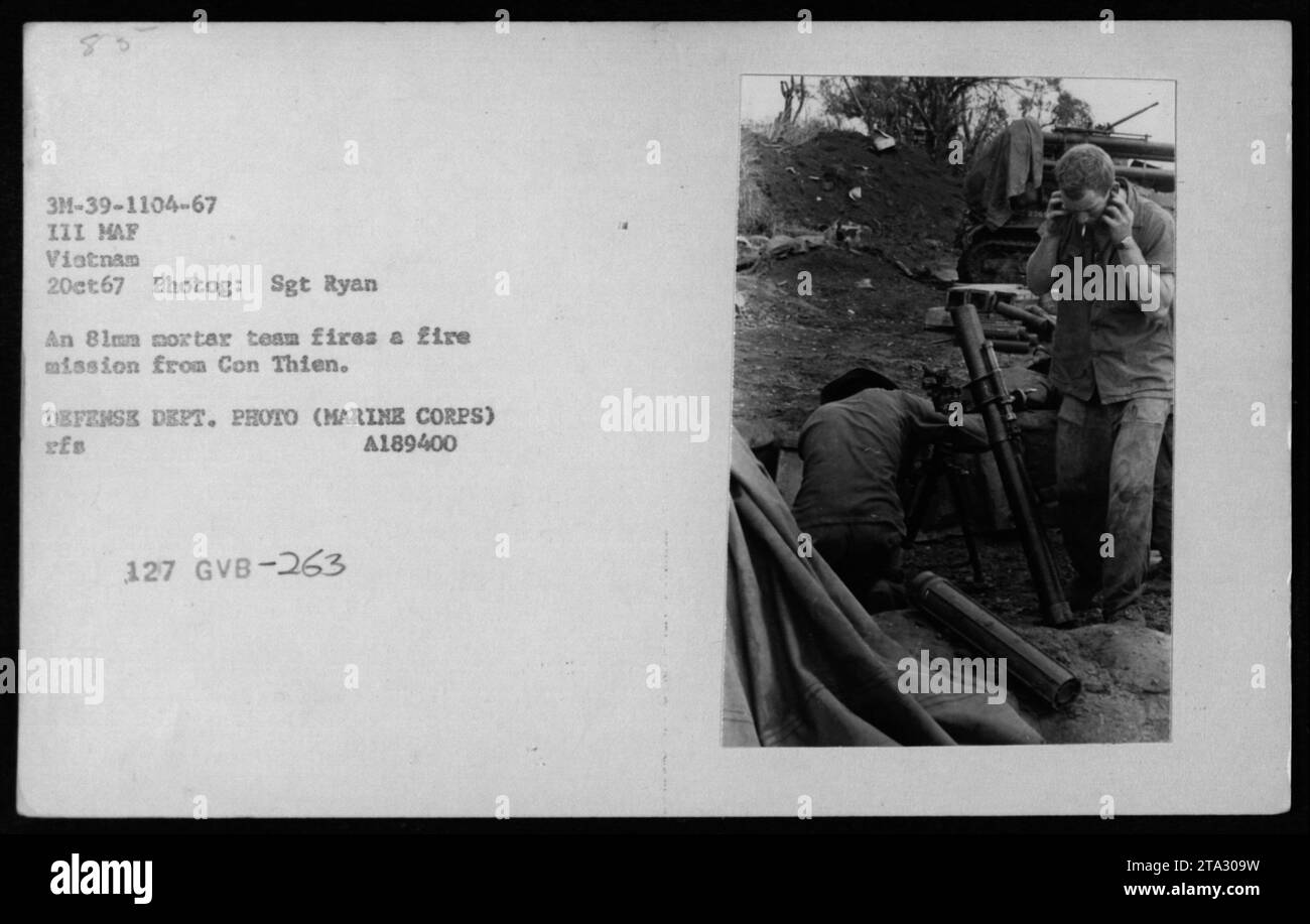 An 81mm mortar team launches a fire mission from Con Thien during the ...