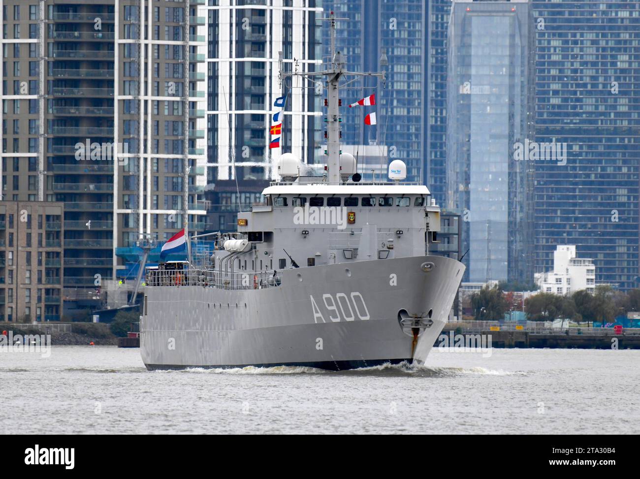 The Royal Netherlands Navy’s submarine support and torpedo recovery ship HNLMS Mercuur is ...