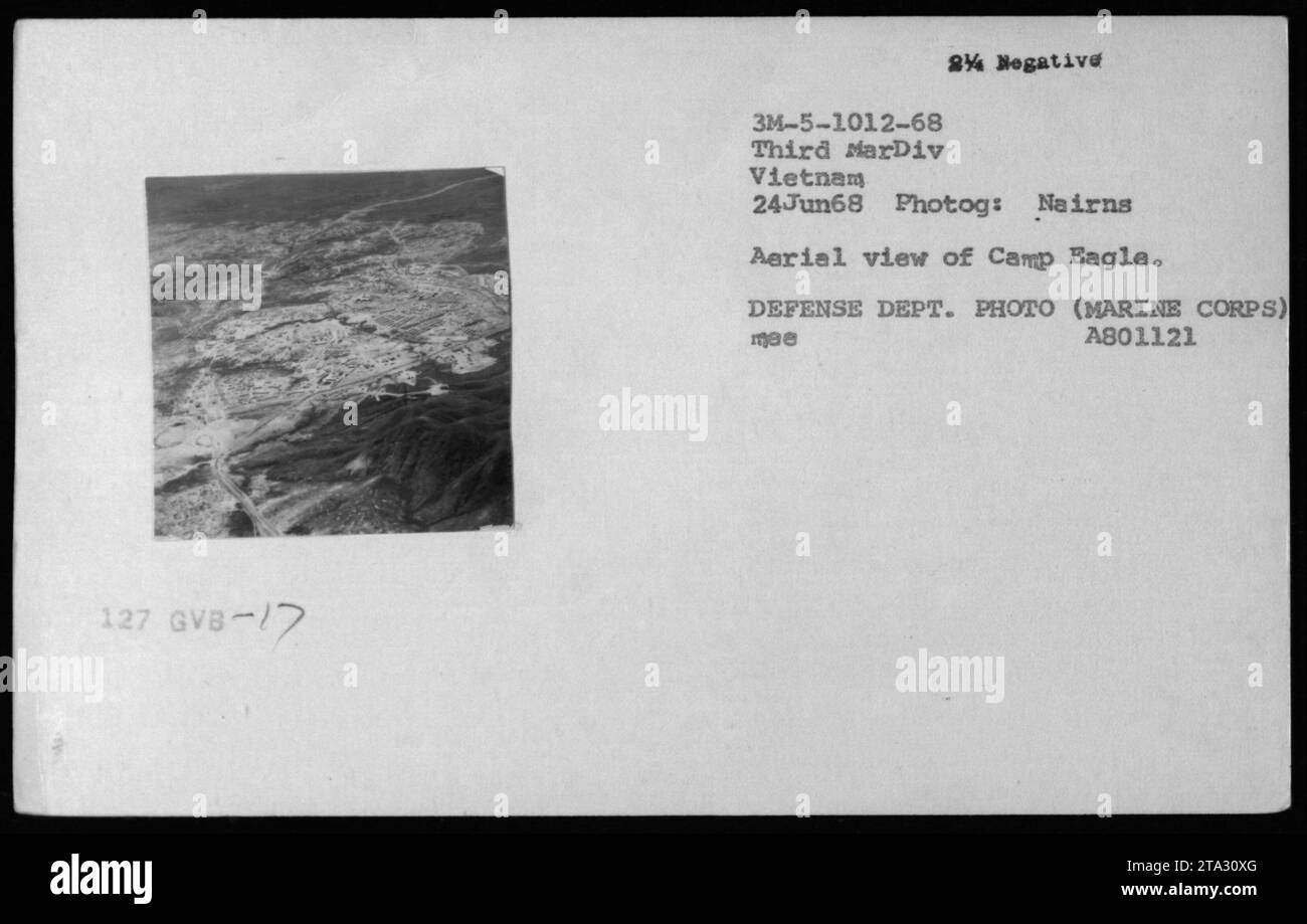 Aerial photograph taken on June 24, 1968, of Camp Eagle in Vietnam. The ...