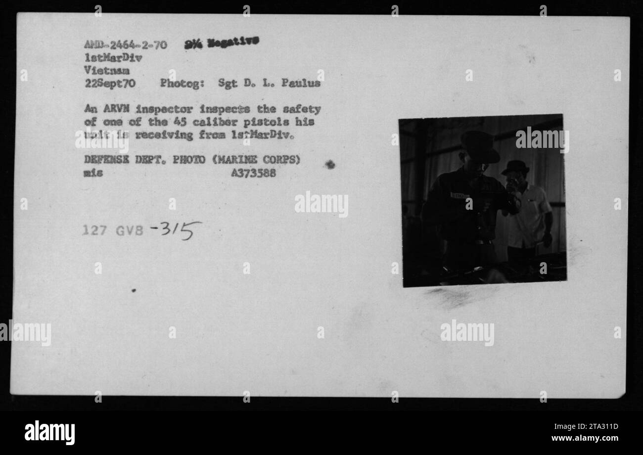 On September 22, 1970, an ARVN inspector checked the safety of a 45 ...