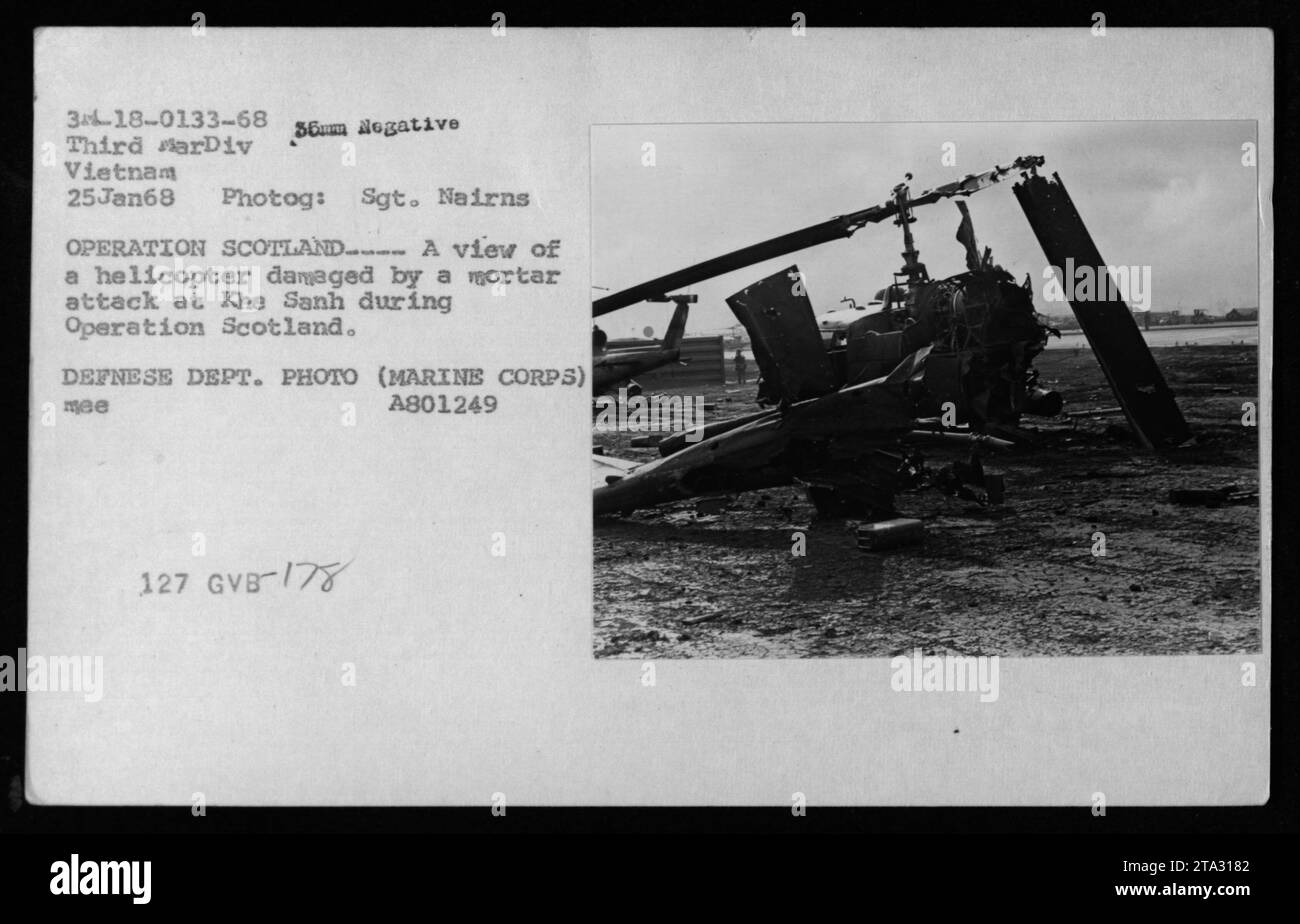 Damaged helicopter at Khe Sanh during Operation Scotland in January 25 ...