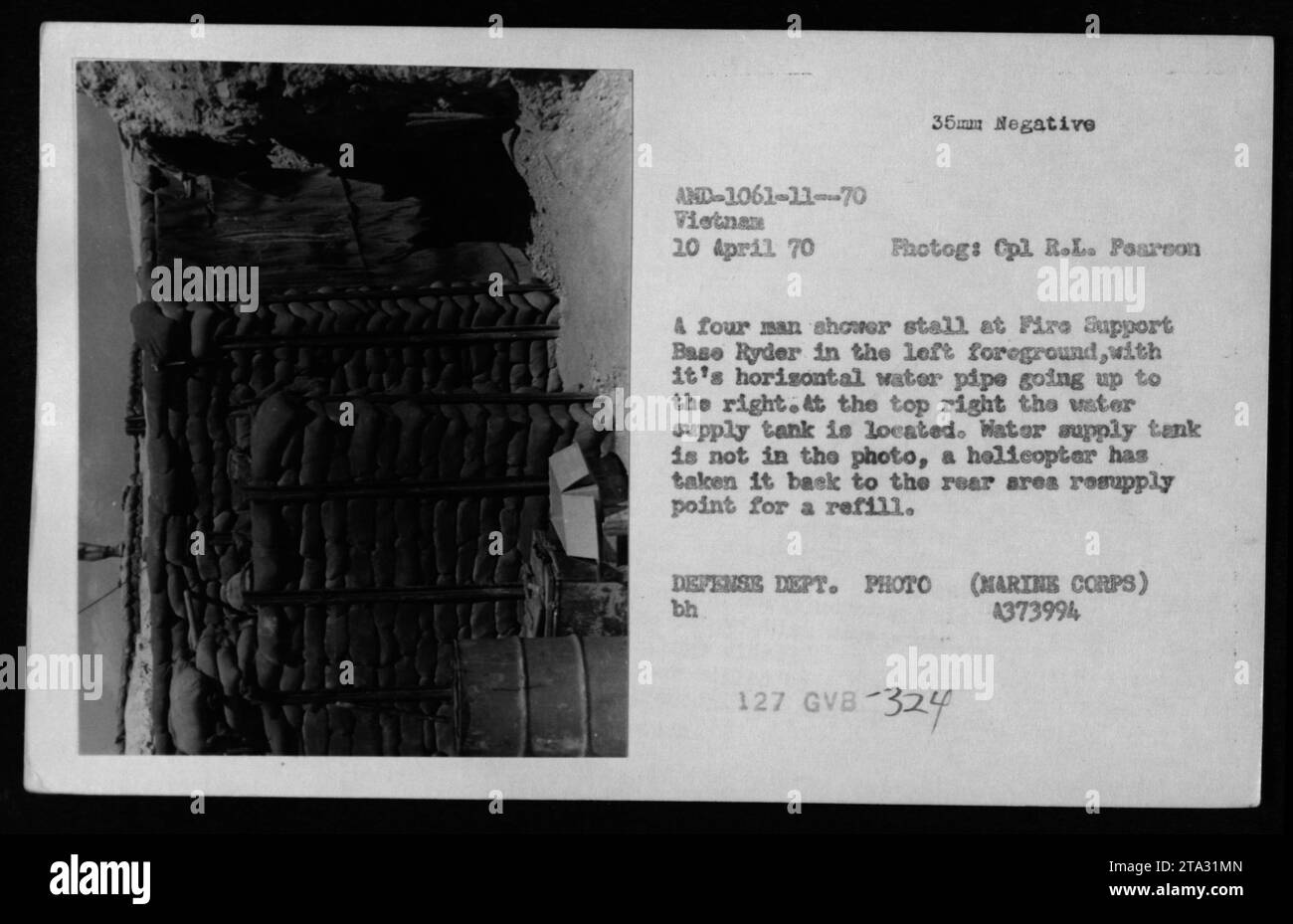 Four-man shower stall at Fire Support Base Ryder in Vietnam on April 10 ...