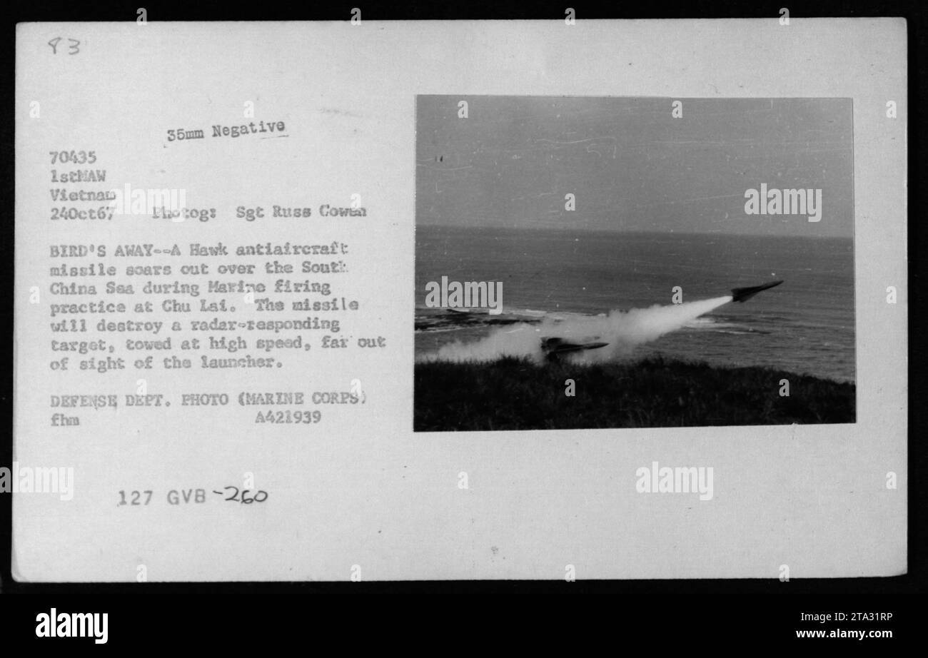 A Hawk anti-aircraft missile being fired during marine target practice ...