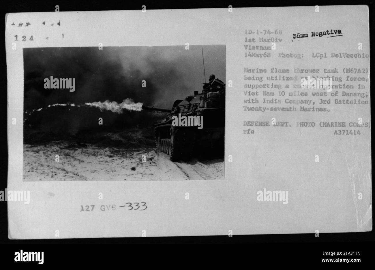 Marine flame thrower tank (M67A2) used as a blocking force during a ...