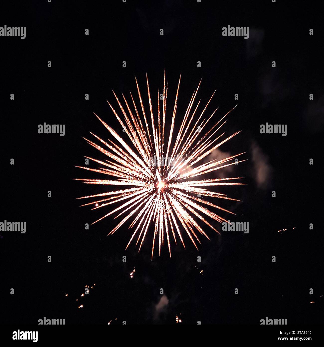 Explosion of festive real fireworks on black background for overlay ...