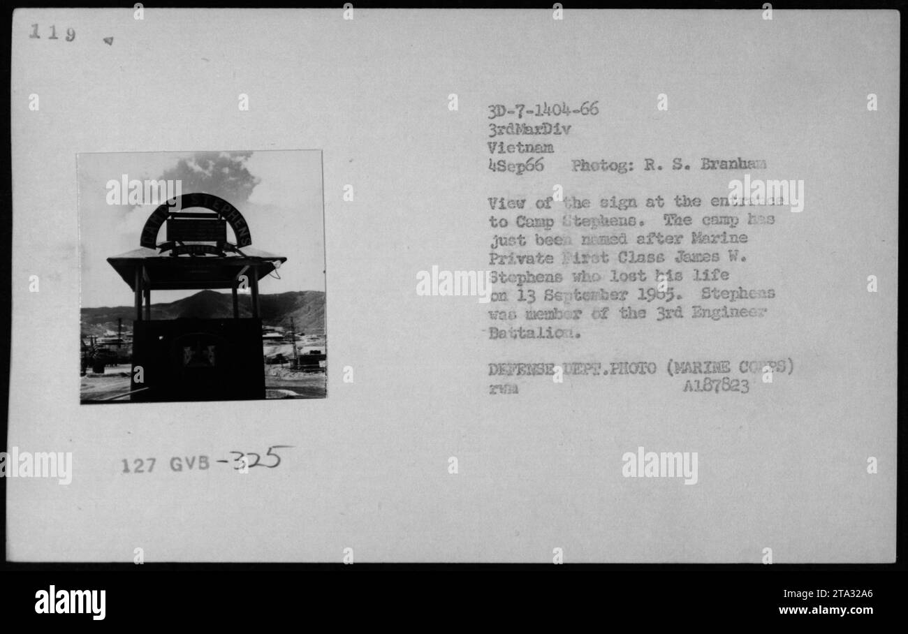 The entrance to Camp Stephens in Vietnam features a sign honoring ...