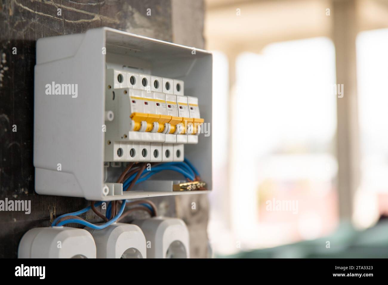 Temporary electrical panel with circuit breakers on a construction site ...