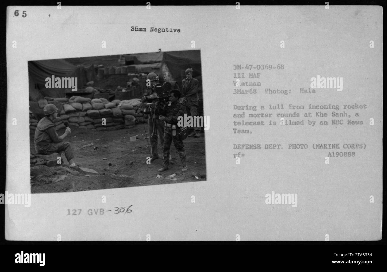 NBC News films a telecast at Khe Sanh during a lull in rocket and mortar attacks on March 3 ...