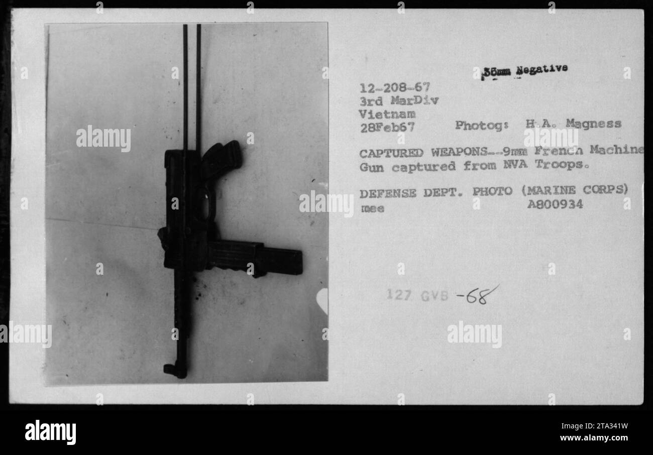 A French 9mm machine gun, captured from the NVA troops, is seen in this ...