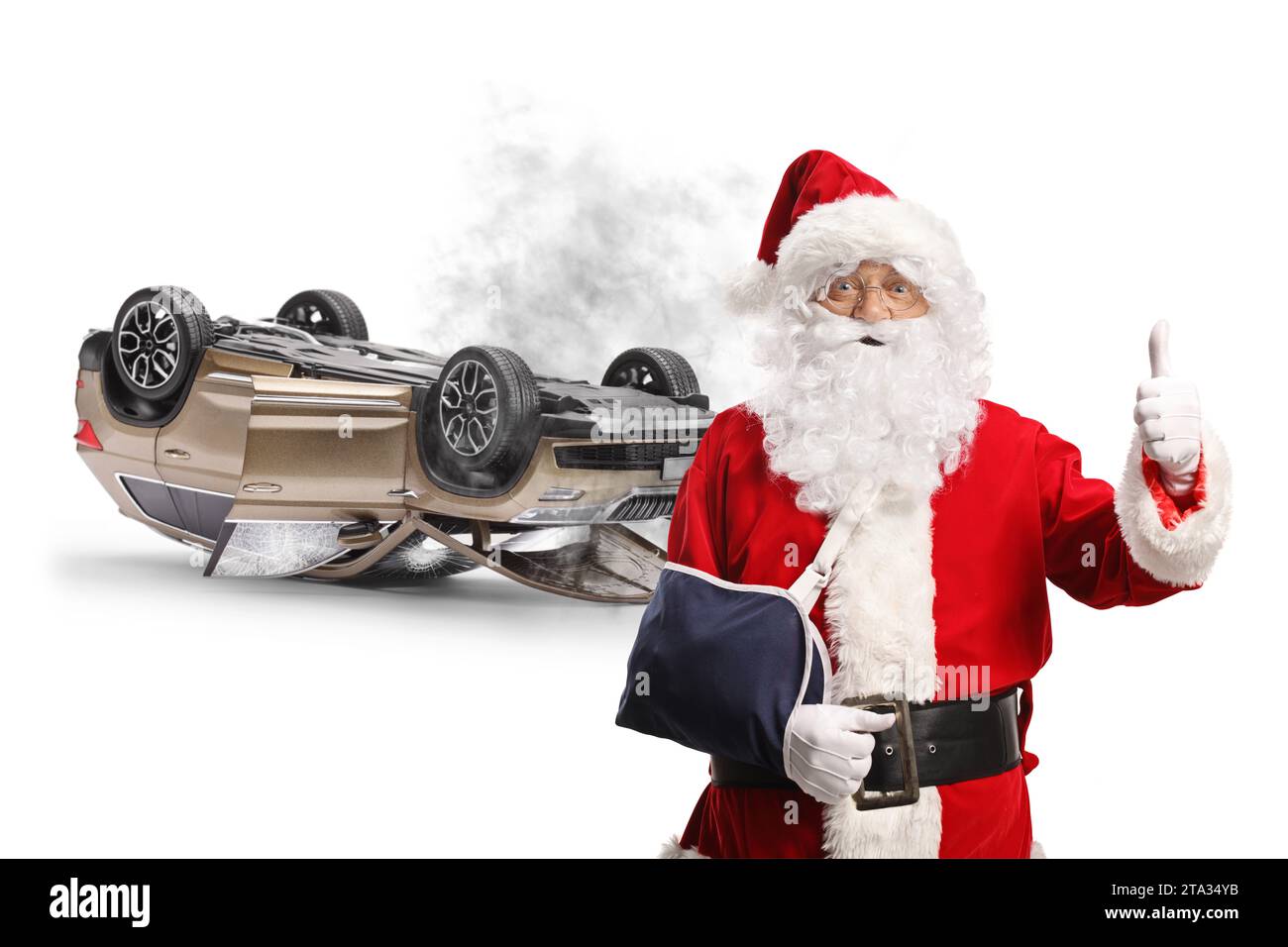 Santa Claus with an injured arm in a car accident gesturing thumbs up ...