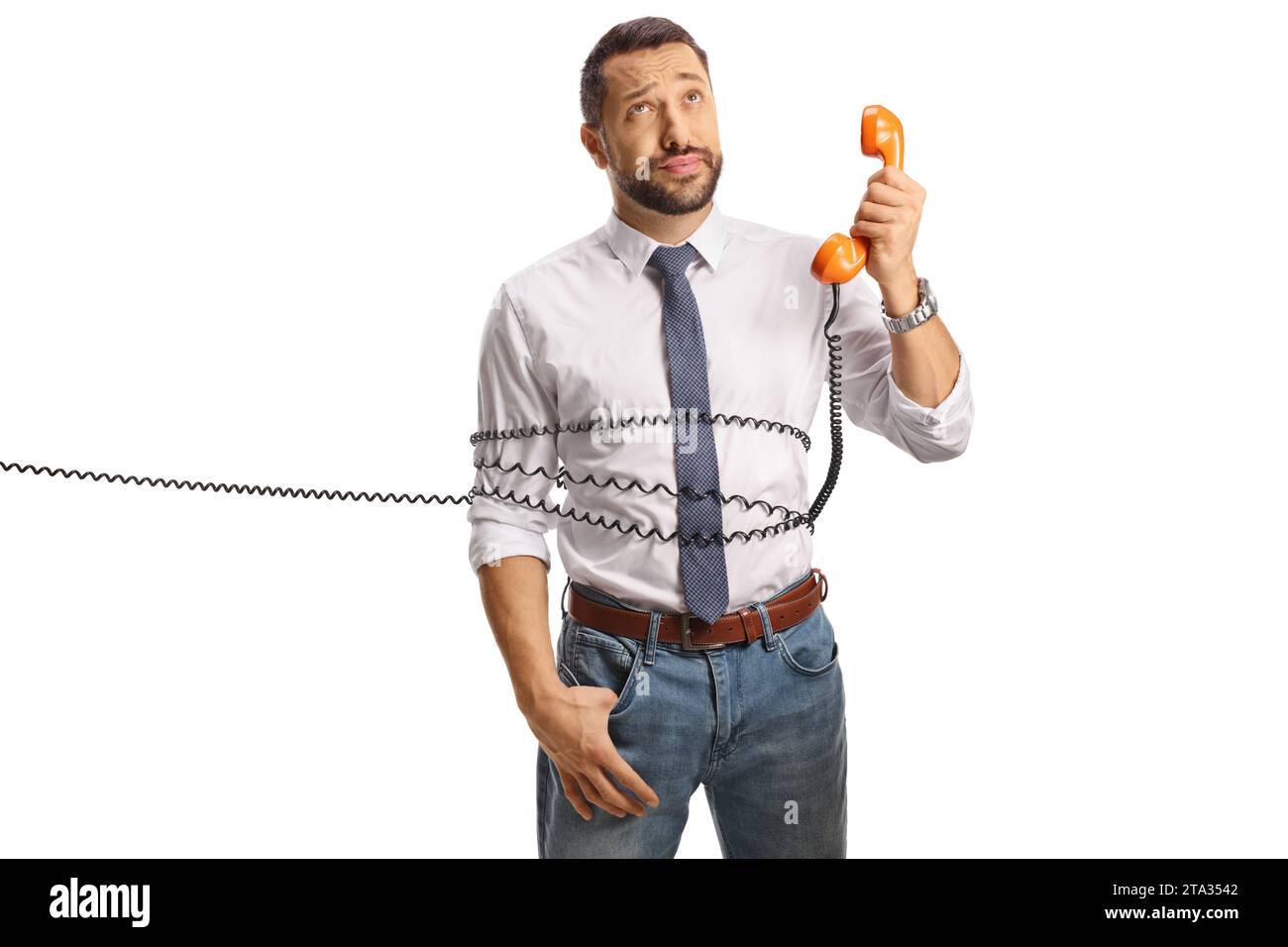 Man tied with a rotary phone cable isolated on white background Stock ...